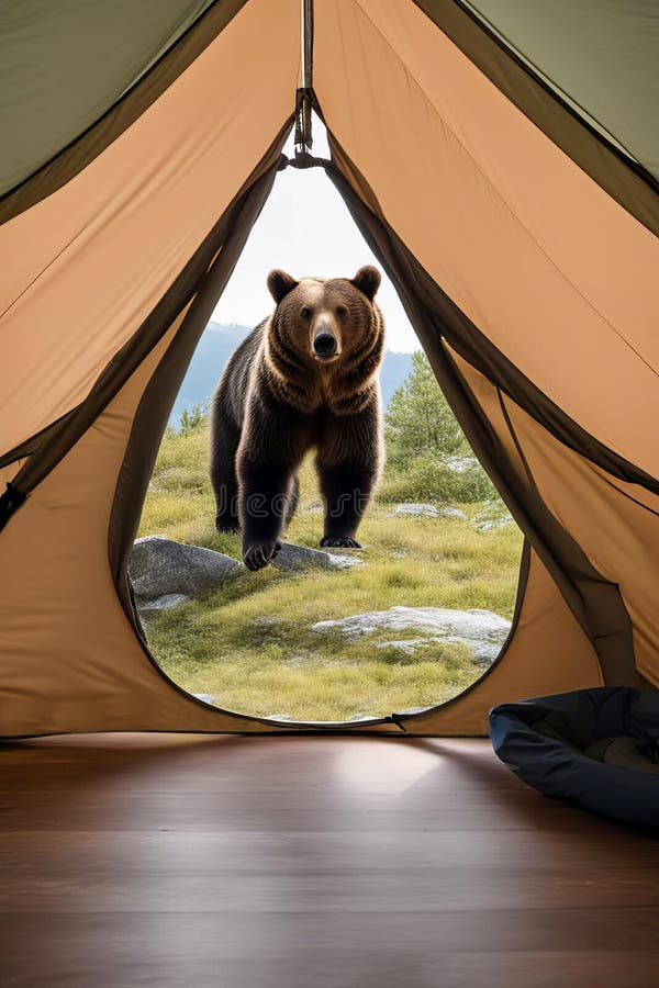 Brown Bear Looking into a Tent with Trees and Mountains in the ...