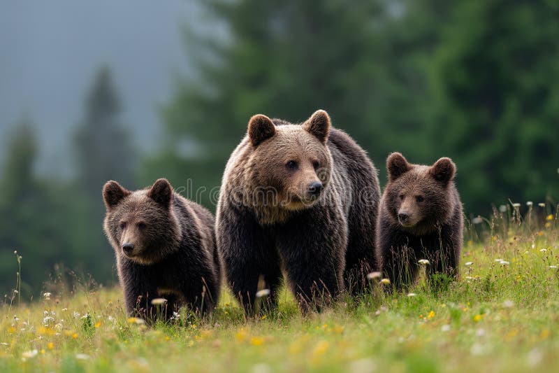 Brown Bear Mother with Two Cubs at Green Meadow. Generative Ai Stock Image - Image of alaska ...