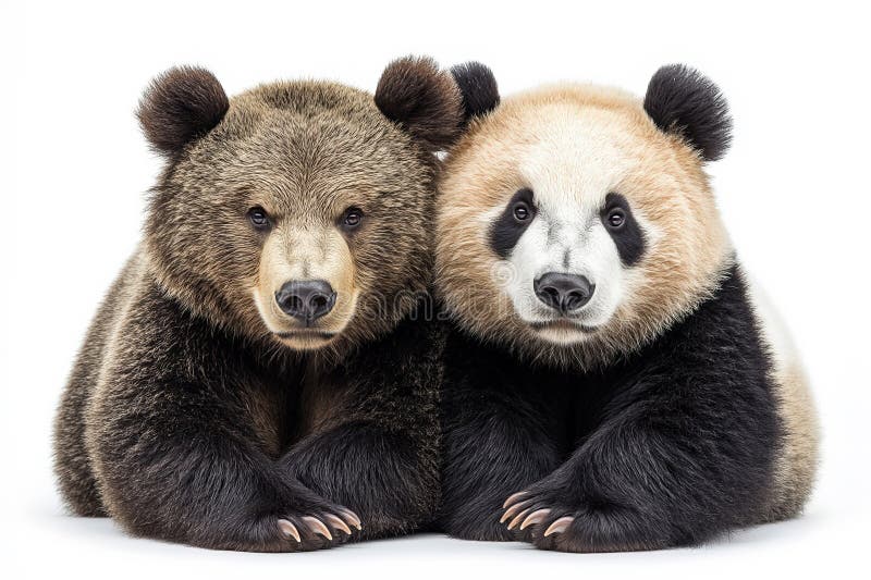 Brown Bear and Panda Cub Posing Together on White Background Stock ...