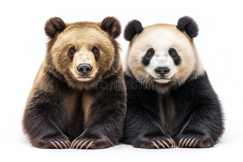 Brown Bear and Panda Cub Posing on White Background Stock Illustration ...