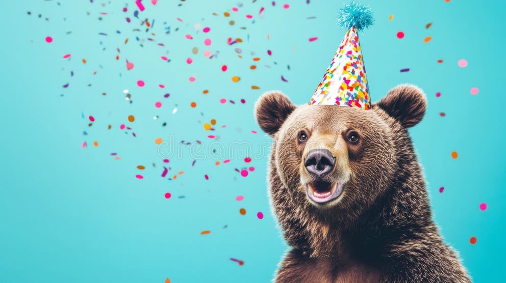 Brown Bear in Party Hat with Confetti on Blue Background Stock ...