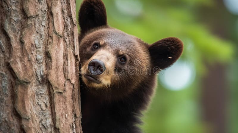 A Brown Bear Peeking Out from Behind a Tree in a Forest Stock ...