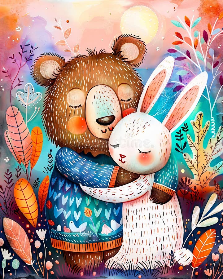 Brown Bear and Rabbit Hugging Illustration Stock Illustration ...