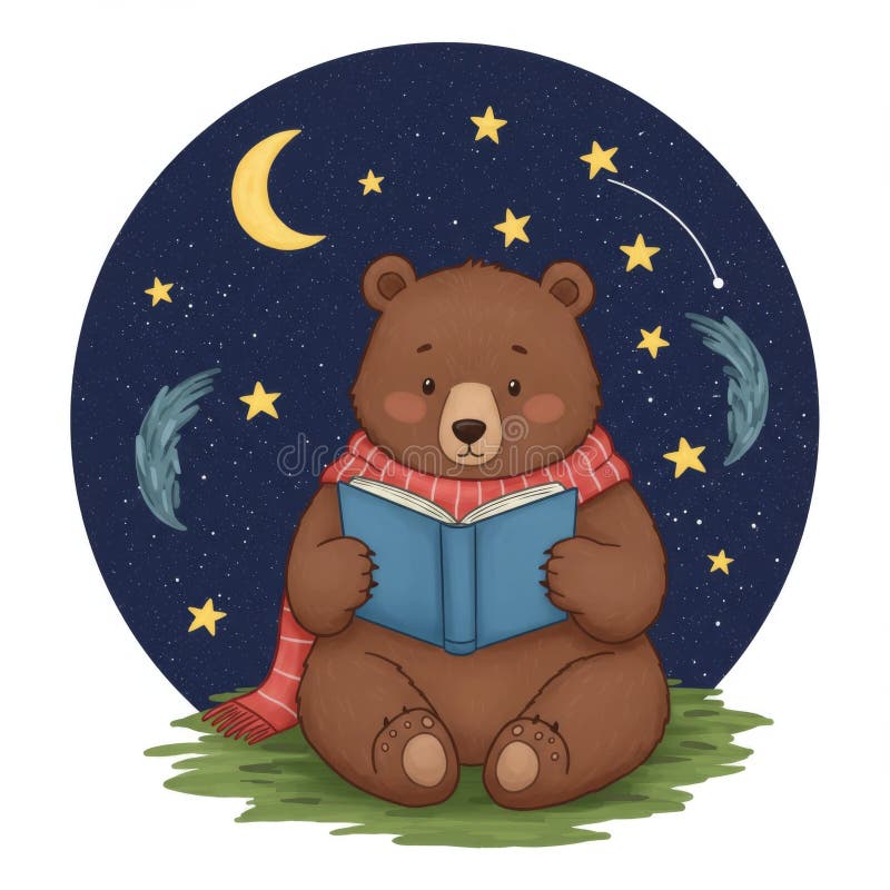 Brown Bear Reading Book Under Night Sky Stock Illustration ...