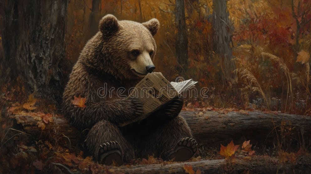 Brown Bear Reading a Newspaper in Autumn Forest Stock Illustration ...