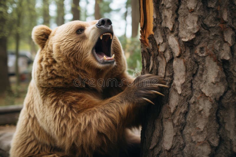 Brown Bear Roaring beside a Tree. Stock Photo - Image of roaring ...