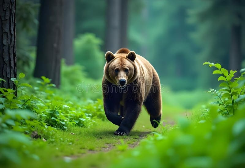 Brown Bear Running in the Forest on a Sunny Day Stock Image - Image of ...