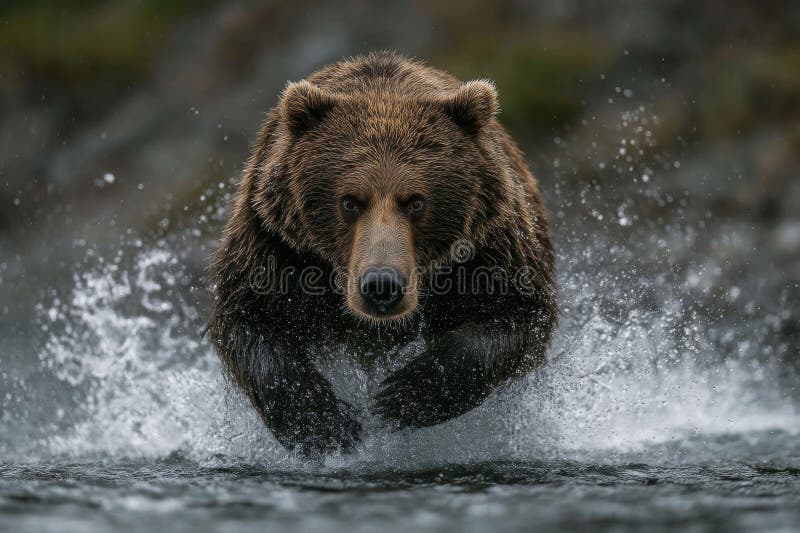 Brown Bear Running through Water Stock Illustration - Illustration of ...