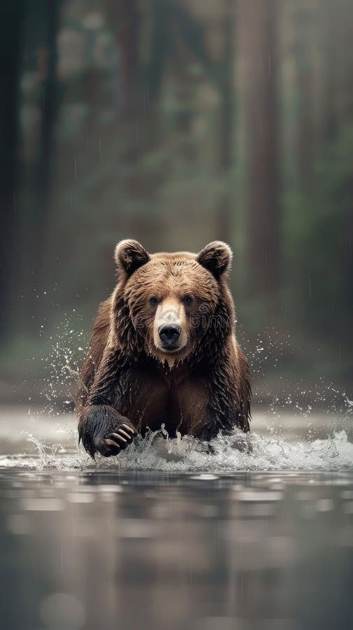 A Brown Bear Runs through a Stream in a Lush Forest, Creating a Splash ...