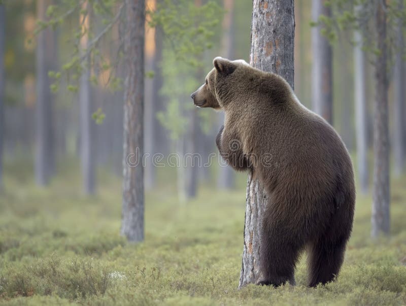 Brown Bear Scratching Against Tree Stock Photo - Image of ecotourism ...