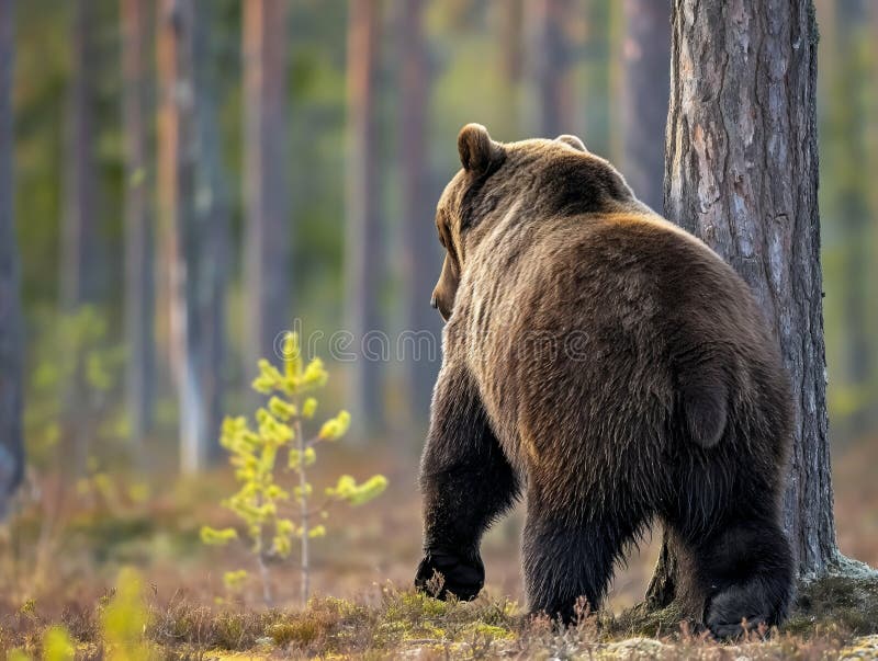 Brown Bear Scratching Against Tree Stock Photo - Image of bear ...