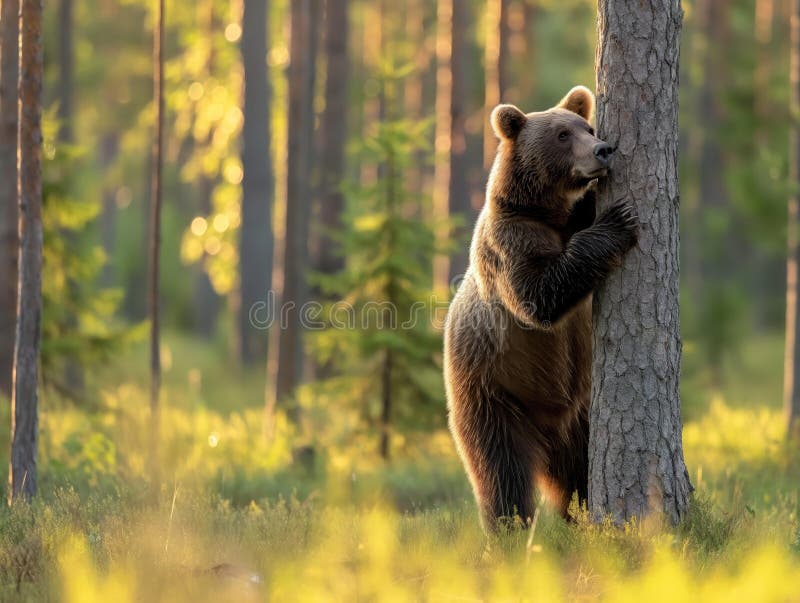 Brown Bear Scratching Against Tree Stock Photo - Image of animal ...