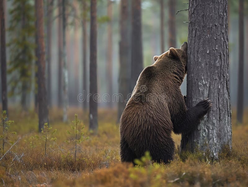 Brown Bear Scratching Against Tree Stock Photo - Image of life, ursus ...