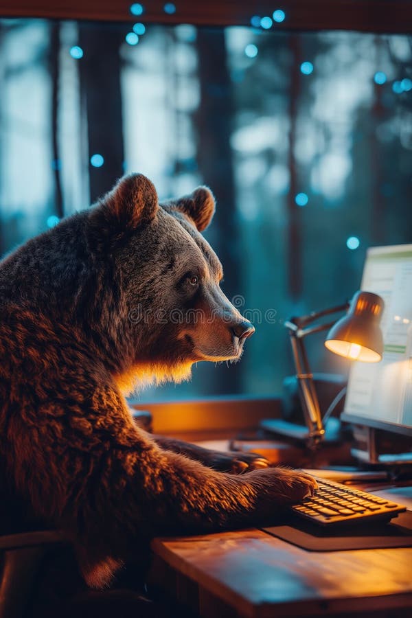 Brown Bear Sits at Wooden Desk with Computer Monitors Displaying Text ...