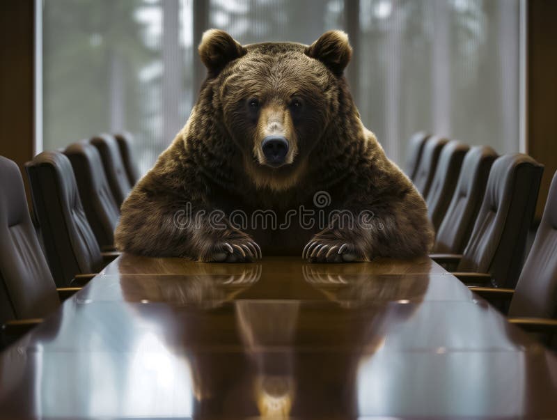 A Brown Bear Sitting Down on Top of a Wooden Table Stock Image - Image ...