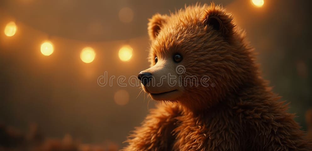 A Brown Bear Sitting in Front of a String of Lights Stock Image - Image ...