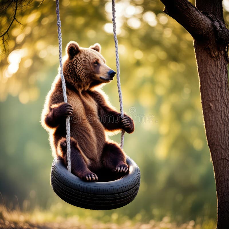 Brown Bear Sitting on a Tire Swing Stock Illustration - Illustration of ...