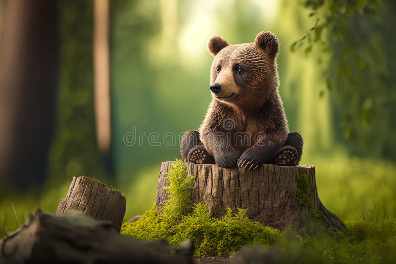 Brown Bear Sitting on Top of Tree Stump in the Middle of Forest ...