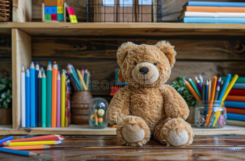Brown Bear Sitting on Wooden Table Stock Image - Image of furniture ...
