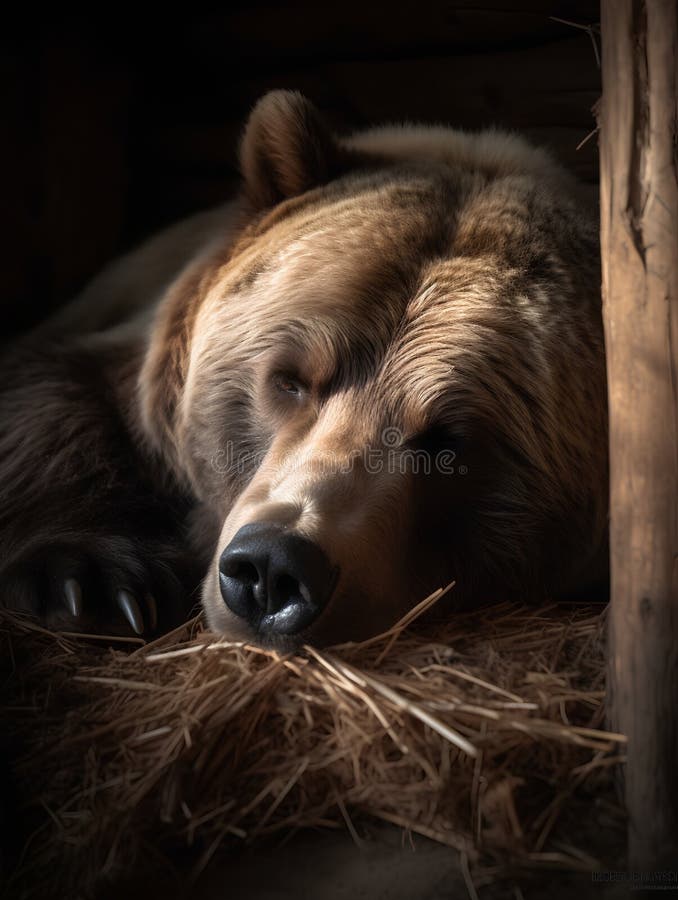 Brown Bear Sleeping in a Barn, Close-up, Selective Focus Stock ...