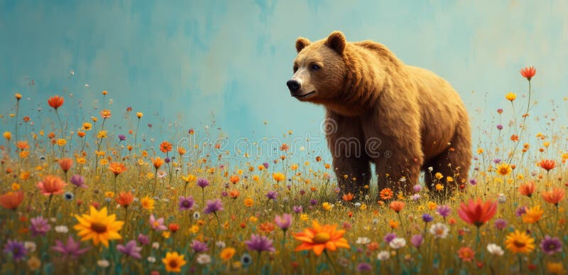 A Brown Bear Standing in a Field of Flowers Stock Image - Image of ...