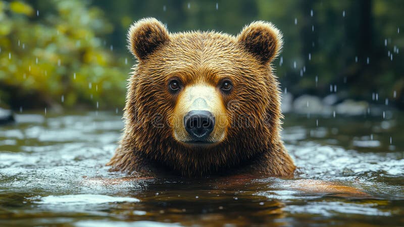 A Brown Bear Standing in a River, with Water Droplets Falling Around it ...