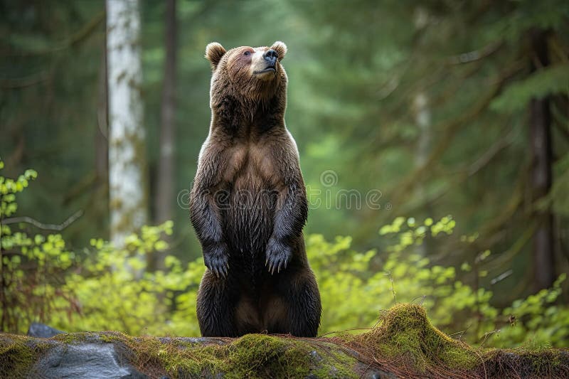 A Brown Bear Standing on a Rock in the Forest Stock Illustration ...