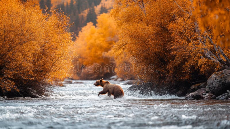 Brown Bear Standing in a Rushing River Surrounded by Fall Foliage Stock ...