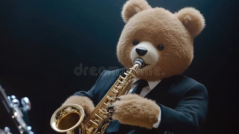 A Brown Bear in a Suit Performs Jazz by Playing a Saxophone on a Dark ...