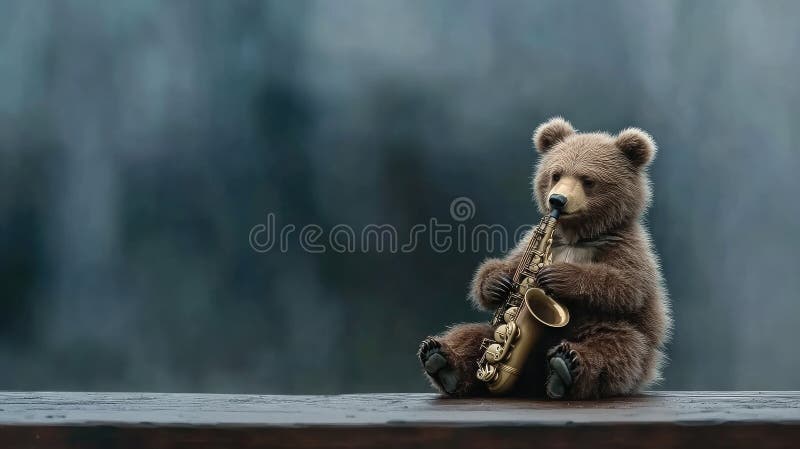A Brown Bear in a Suit Performs Jazz by Playing a Saxophone on a Dark ...