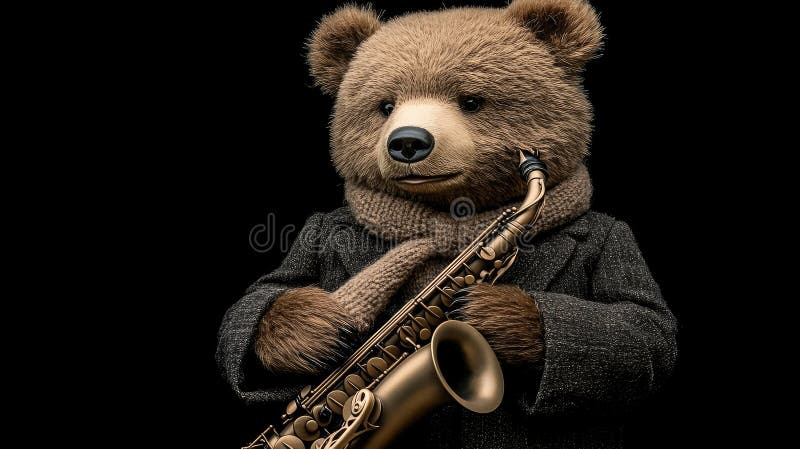 A Brown Bear in a Suit Performs Jazz by Playing a Saxophone on a Dark ...