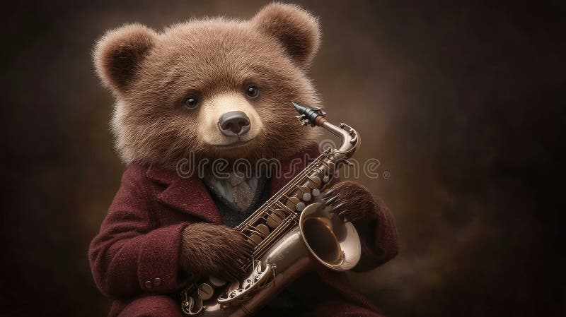 A Brown Bear in a Suit Performs Jazz by Playing a Saxophone on a Dark ...