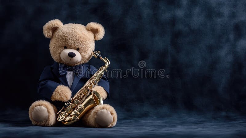 A Brown Bear in a Suit Performs Jazz by Playing a Saxophone on a Dark ...