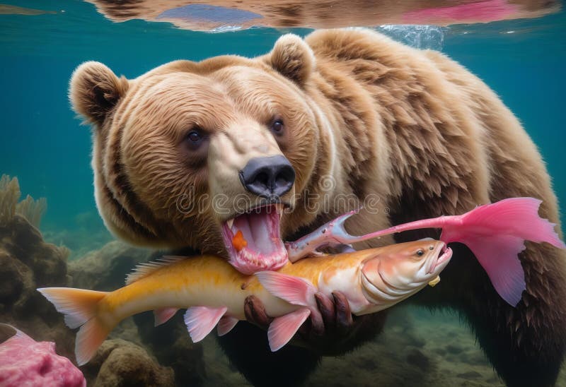 A Brown Bear that is Underwater Holding a Fish in Its Mouth Stock ...