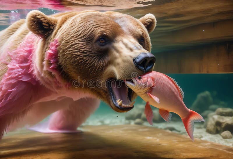 A Brown Bear that is Underwater Holding a Fish in Its Mouth Stock ...