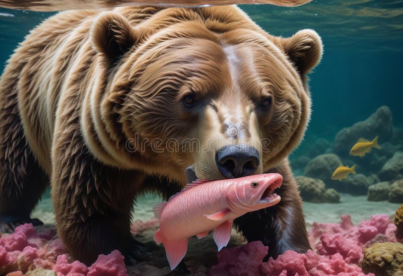A Brown Bear that is Underwater Holding a Fish in Its Mouth Stock ...