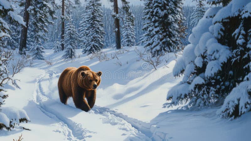 Brown Bear Walking through Snowy Forest Stock Illustration ...