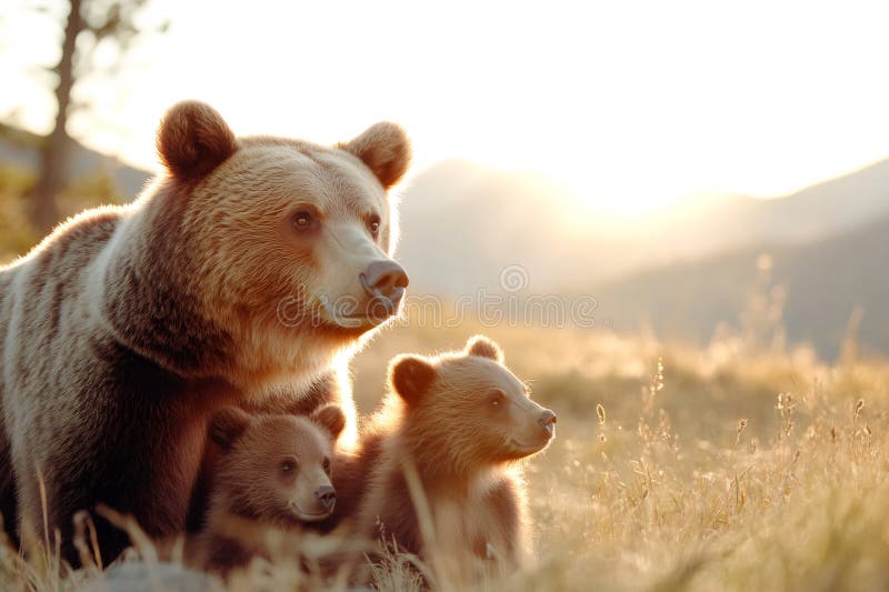 Brown Bear Watching Over Cubs in a Meadow at Sunset Stock Illustration ...