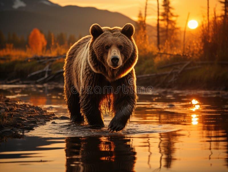 Brown Bear with Water Reflection at Sunset Stock Illustration ...