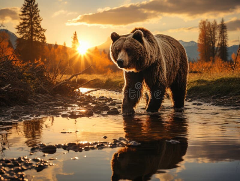 Brown Bear with Water Reflection at Sunset Stock Illustration ...