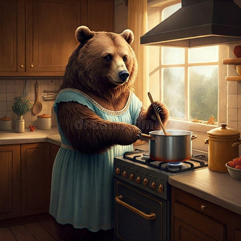 A Brown Bear Wearing a Blue Dress Cooking in a Kitchen. Stock ...