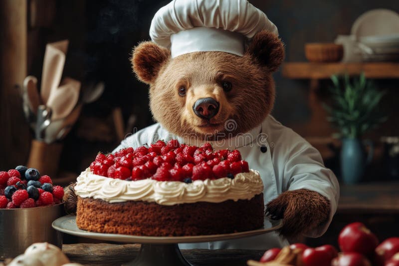 Brown Bear Wearing Chef Uniform Holding Freshly Baked Cake Decorated with Raspberries in Rustic ...