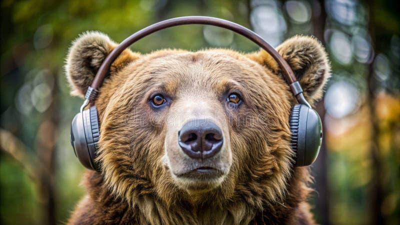 A Brown Bear Wearing Headphones in a Forest Setting, Looking Directly ...