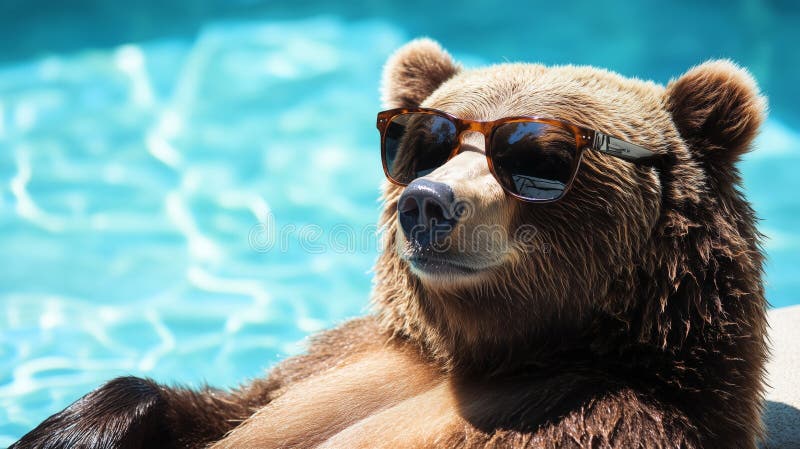 A Brown Bear Wearing Sunglasses Relaxes by a Pool Stock Image - Image ...