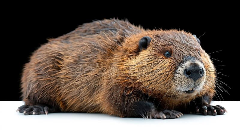 A Brown Beaver with Dark Eyes Sits on a White Surface, Looking at the ...