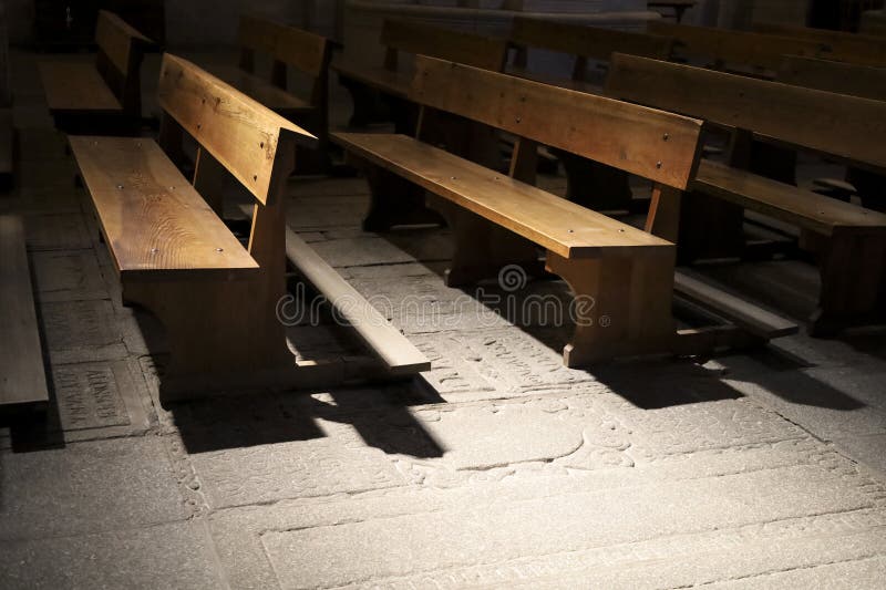 Benches in a Row with Sun Rays in a Church Stock Photo - Image of ...