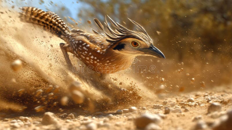 Brown Bird Running through Sand, Dust Cloud Stock Illustration ...