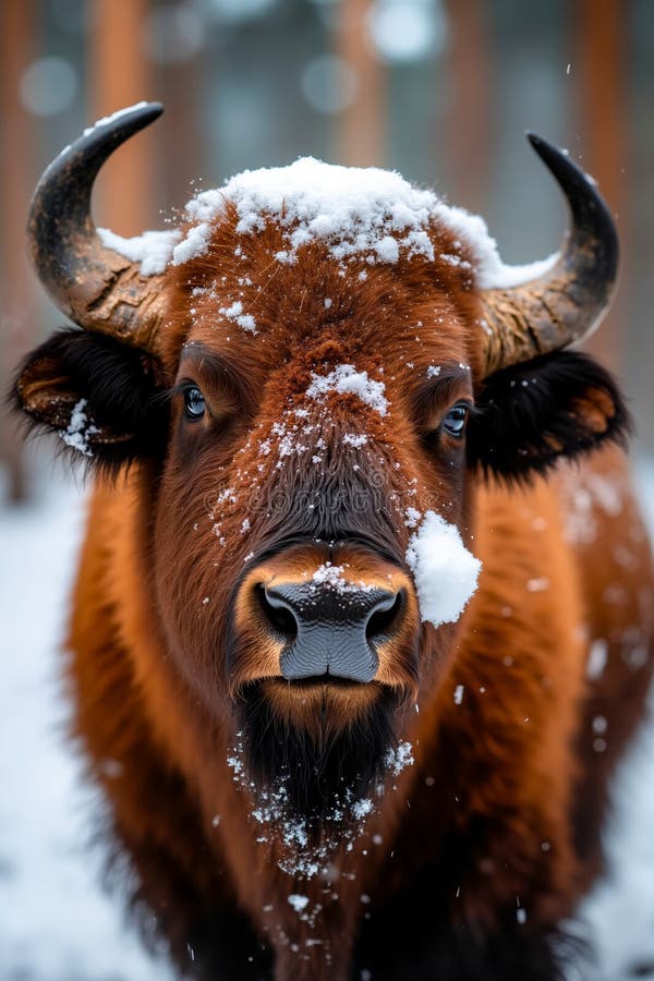 A Brown Bison with Horns Covered in Snow on Its Face Stock Photo ...