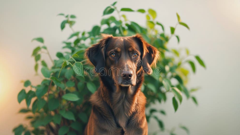 A Brown and Black Dog Sitting in Front of a Bush Stock Image - Image of ...