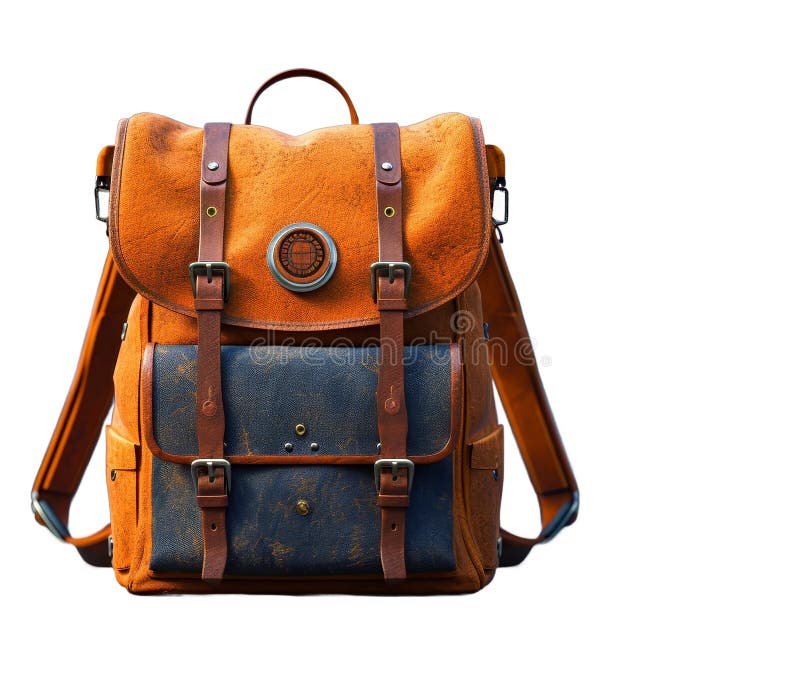 A Brown and Blue Backpack with Brown Leather Straps Stock Image - Image ...